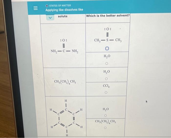 Solved STATES OF MATTER Applying like dissolves like | Chegg.com