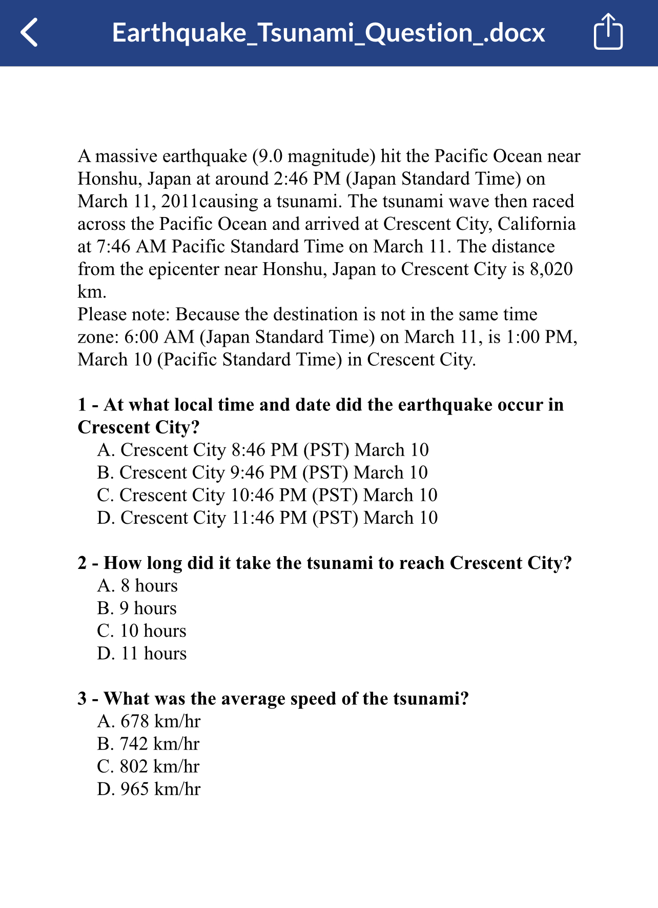 Solved Earthquake_Tsunami_Question_docxA massive earthquake | Chegg.com
