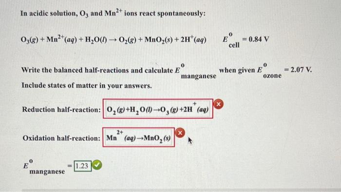 Solved In acidic solution, O3 and Mn2+ ions react | Chegg.com