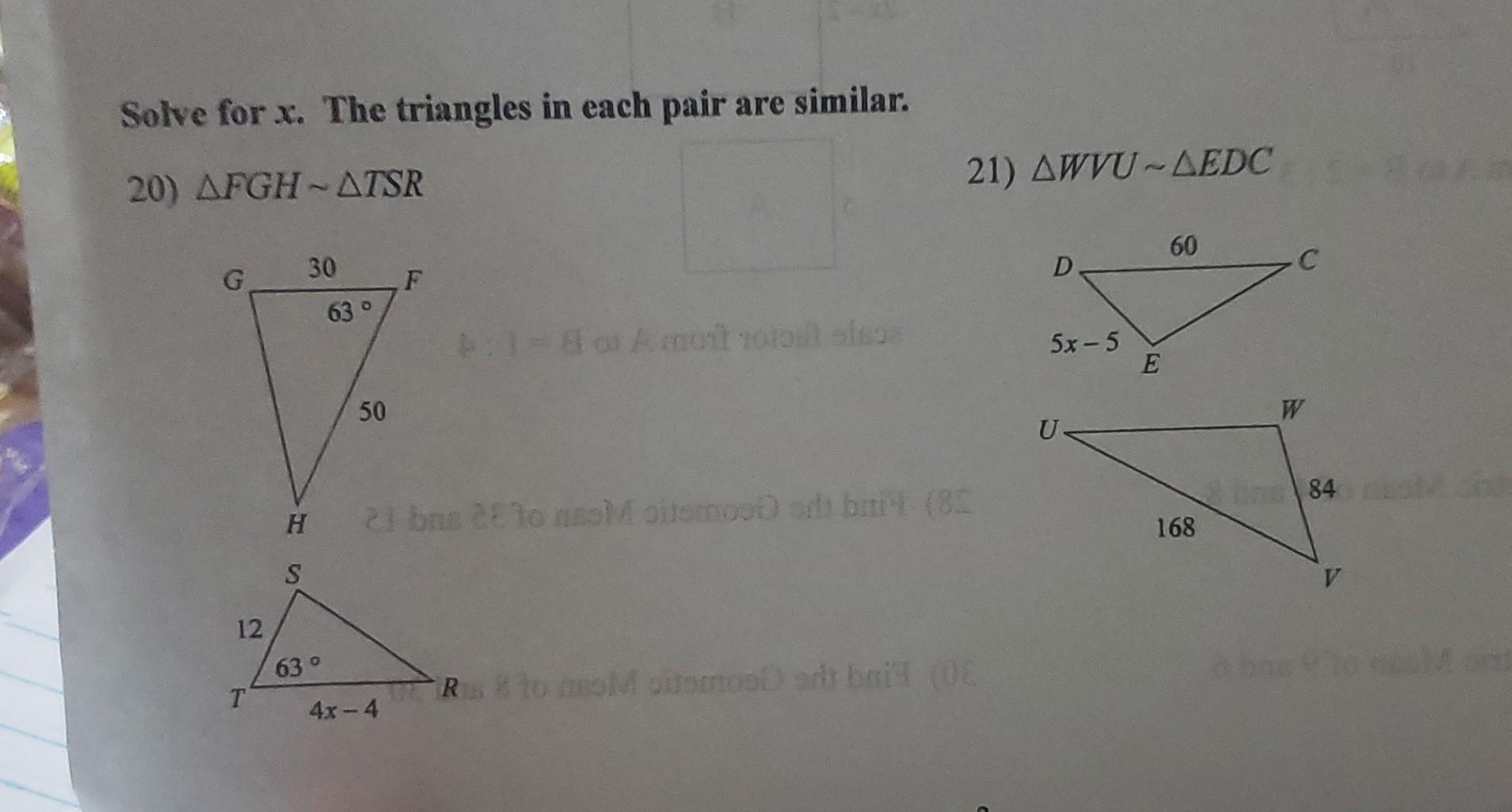 Solved Solve for x. The triangles in each pair are similar. | Chegg.com