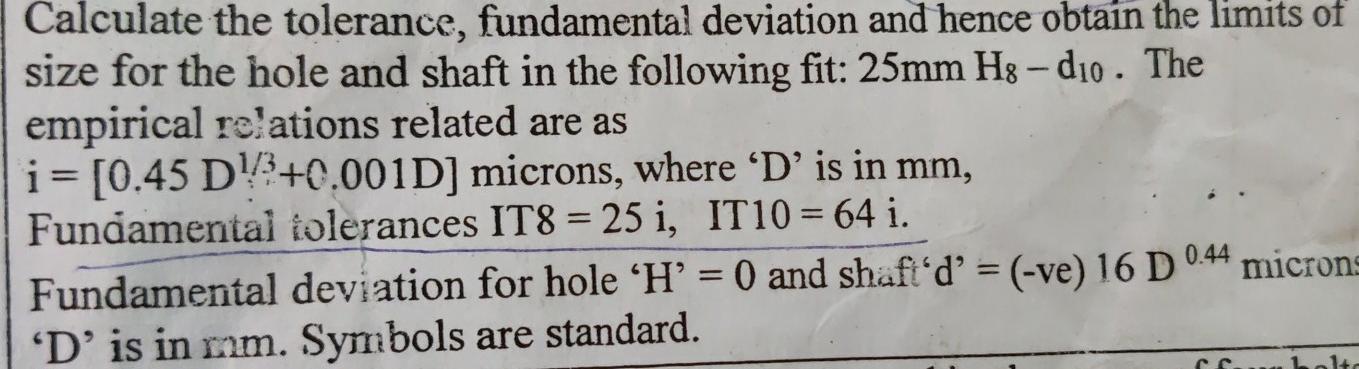 Solved Calculate the tolerance, fundamental deviation and | Chegg.com