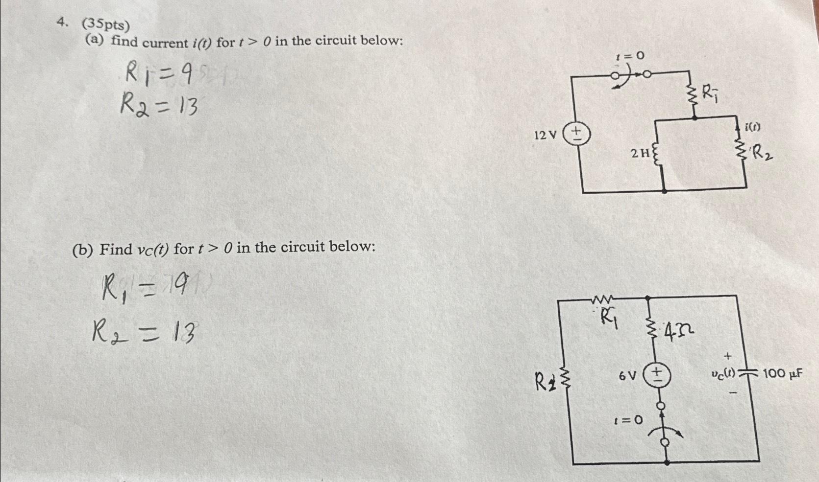 Solved (35pts)(a) ﻿find current i(t) ﻿for t>0 ﻿in the | Chegg.com