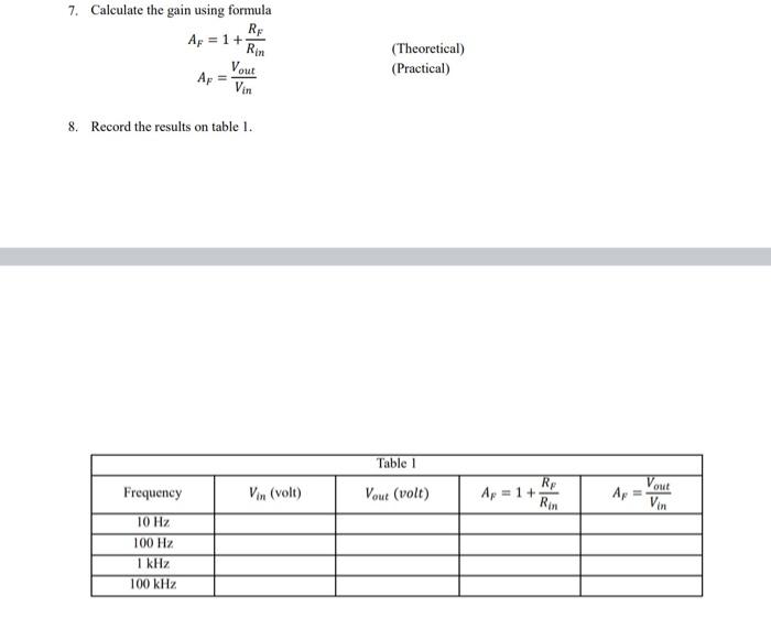 7. Calculate the gain using formula AF=1+Rin RFAF=Vin | Chegg.com