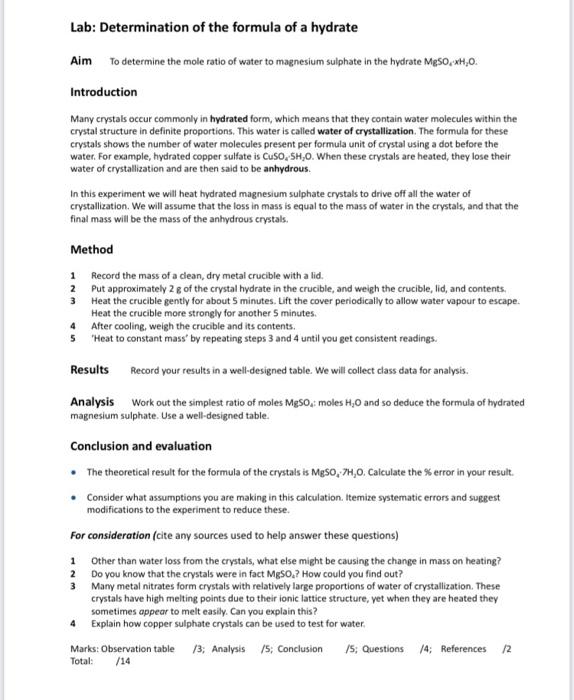 Solved Lab: Determination of the formula of a hydrate Aim To | Chegg.com