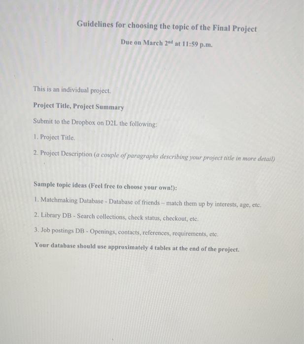 Solved Guidelines for choosing the topic of the Final | Chegg.com