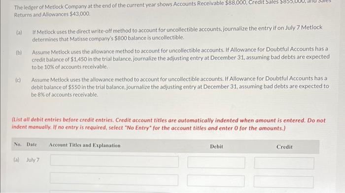 Solved The ledger of Metlock Company at the end of the | Chegg.com