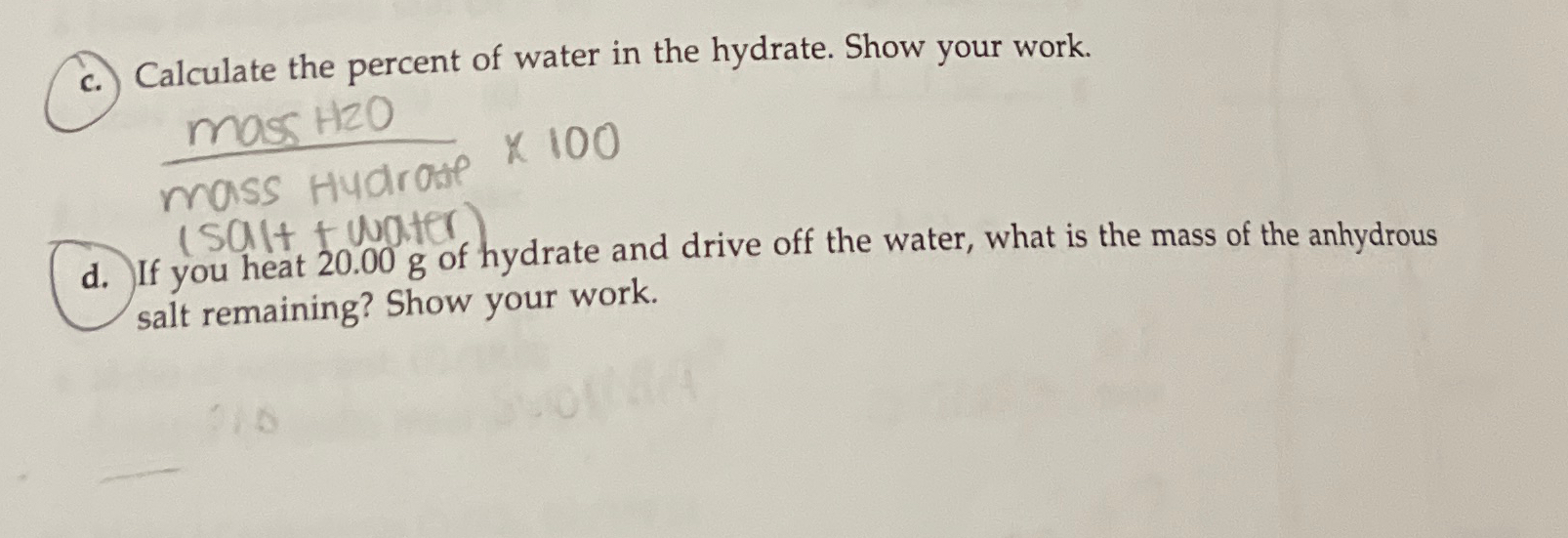 c. ﻿Calculate the percent of water in the hydrate. | Chegg.com