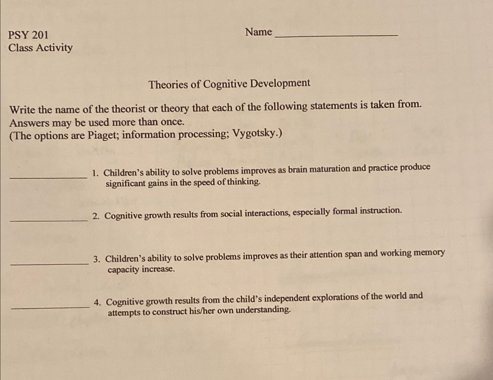 Solved PSY 201NameClass ActivityTheories of Cognitive | Chegg.com