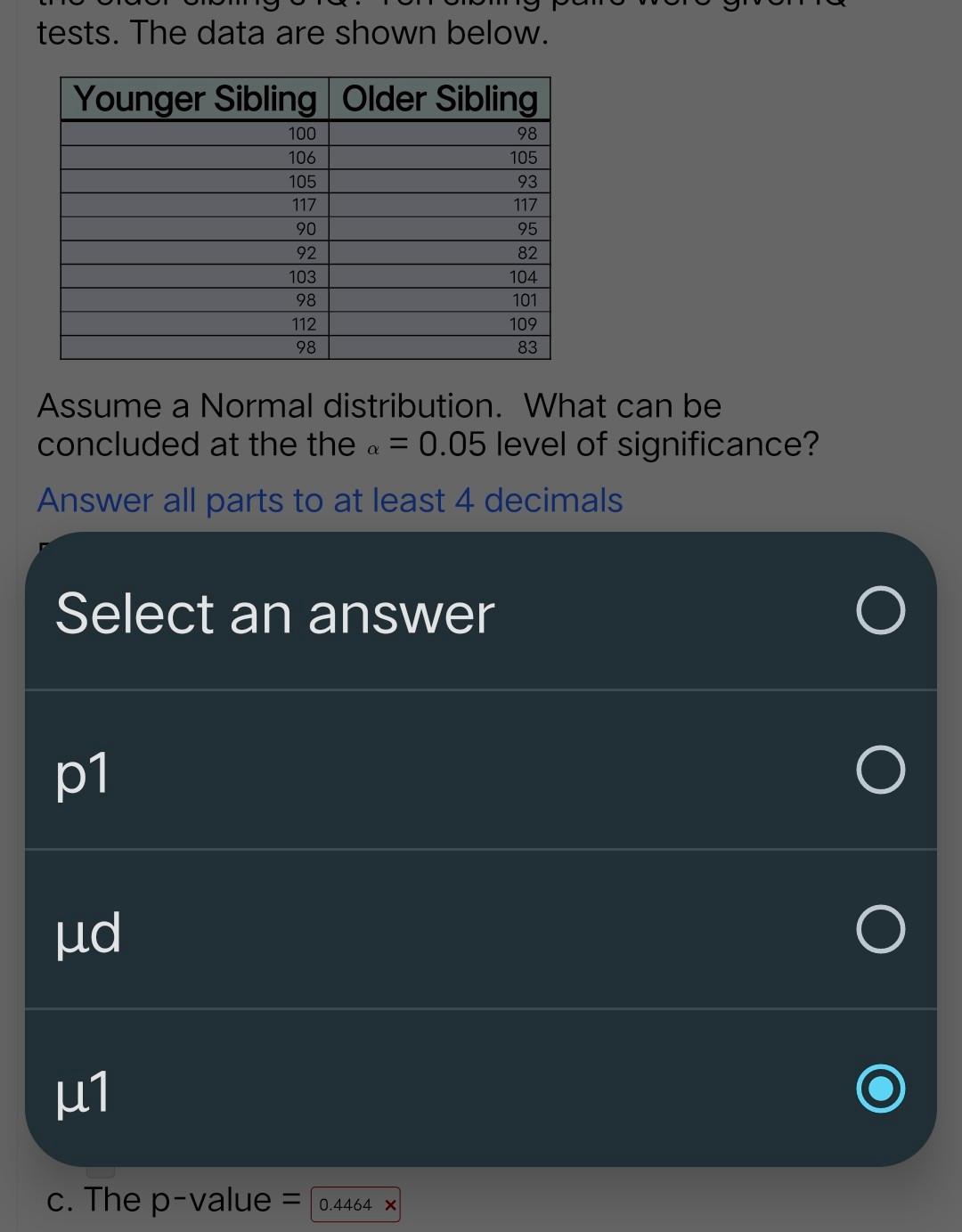 Solved On average is the younger sibling's IQ different from | Chegg.com
