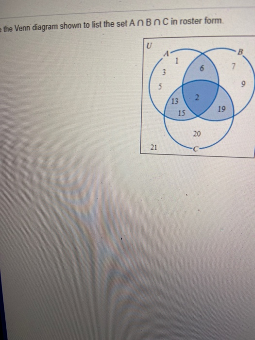 Solved the Venn diagram shown to list the set AnBnC in | Chegg.com
