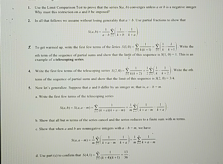 Solved 1. Use the Limit Comparison Test to prove that the | Chegg.com
