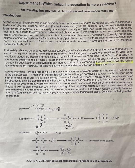 Solved Lxperiment 1: Which radical halogenation is more | Chegg.com