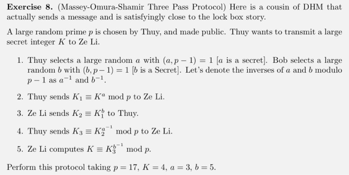 Solved Exercise 8. (Massey-Omura-Shamir Three Pass Protocol) | Chegg.com