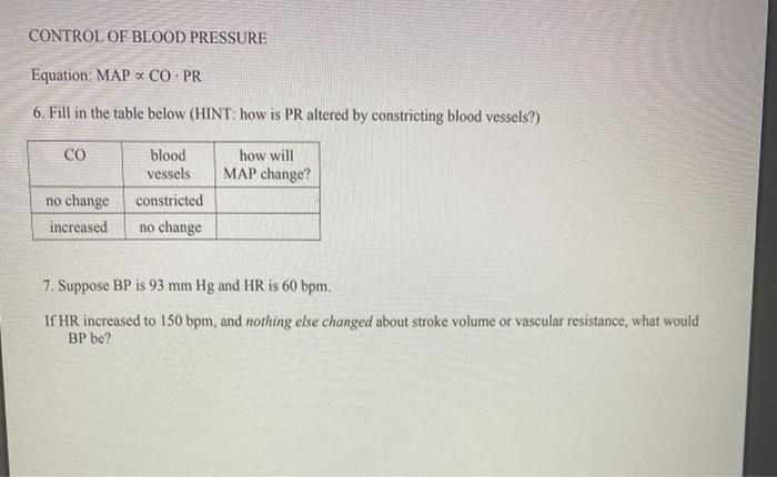 Solved CONTROL OF BLOOD PRESSURE Equation MAPCO PR 6. Fill | Chegg.com
