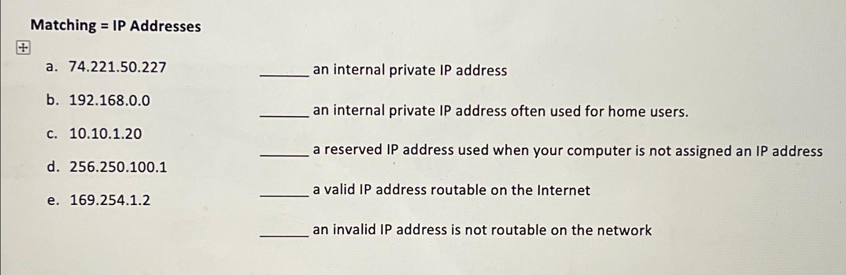 Solved Matching = ﻿IP Addressesa. 74.221 .50 .227 ﻿an | Chegg.com