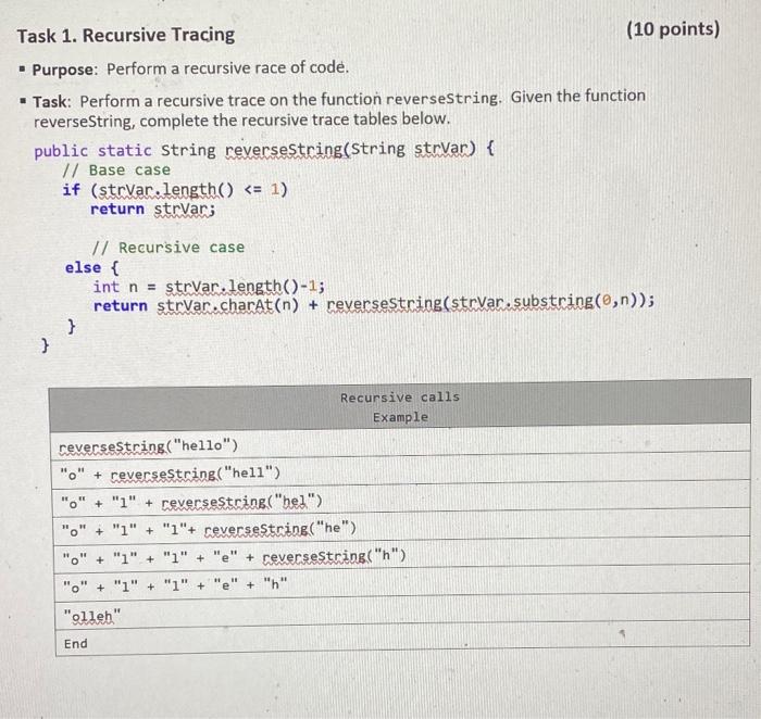 Solved Task 1. Recursive Tracing (10 points) • Purpose: | Chegg.com Solved Task 1. Recursive Tracing (10 points) • Purpose: | Chegg.com