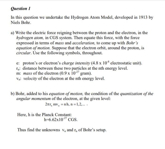Solved Question 1 In this question we undertake the Hydrogen | Chegg.com