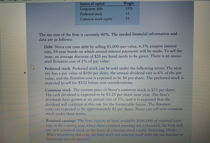 \table[[Source of capital,Weight],[Long-term debt,35% | Chegg.com
