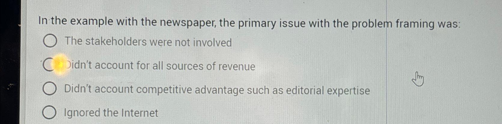 Solved In the example with the newspaper, the primary issue | Chegg.com