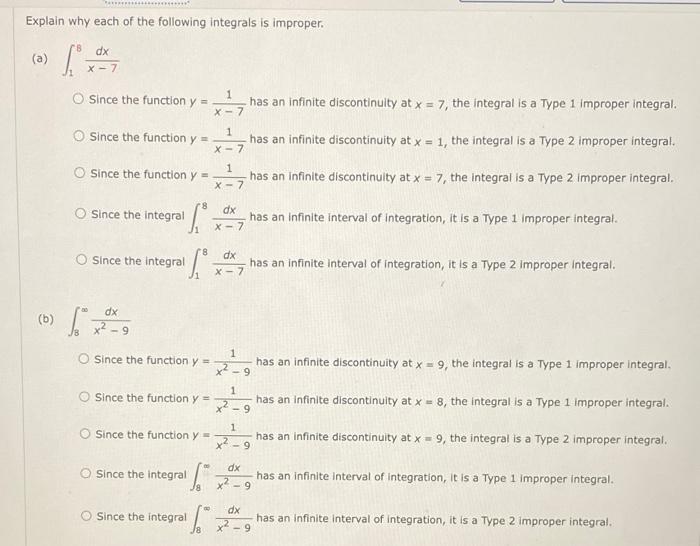 Solved Explain why each of the following integrals is | Chegg.com