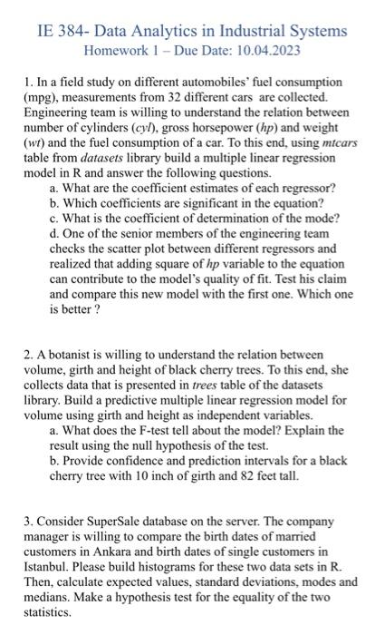 Solved IE 384- Data Analytics in Industrial Systems Homework | Chegg.com