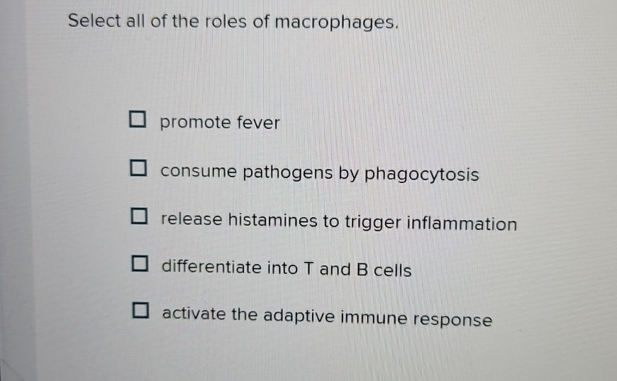 Solved Select all of the roles of macrophages.promote | Chegg.com