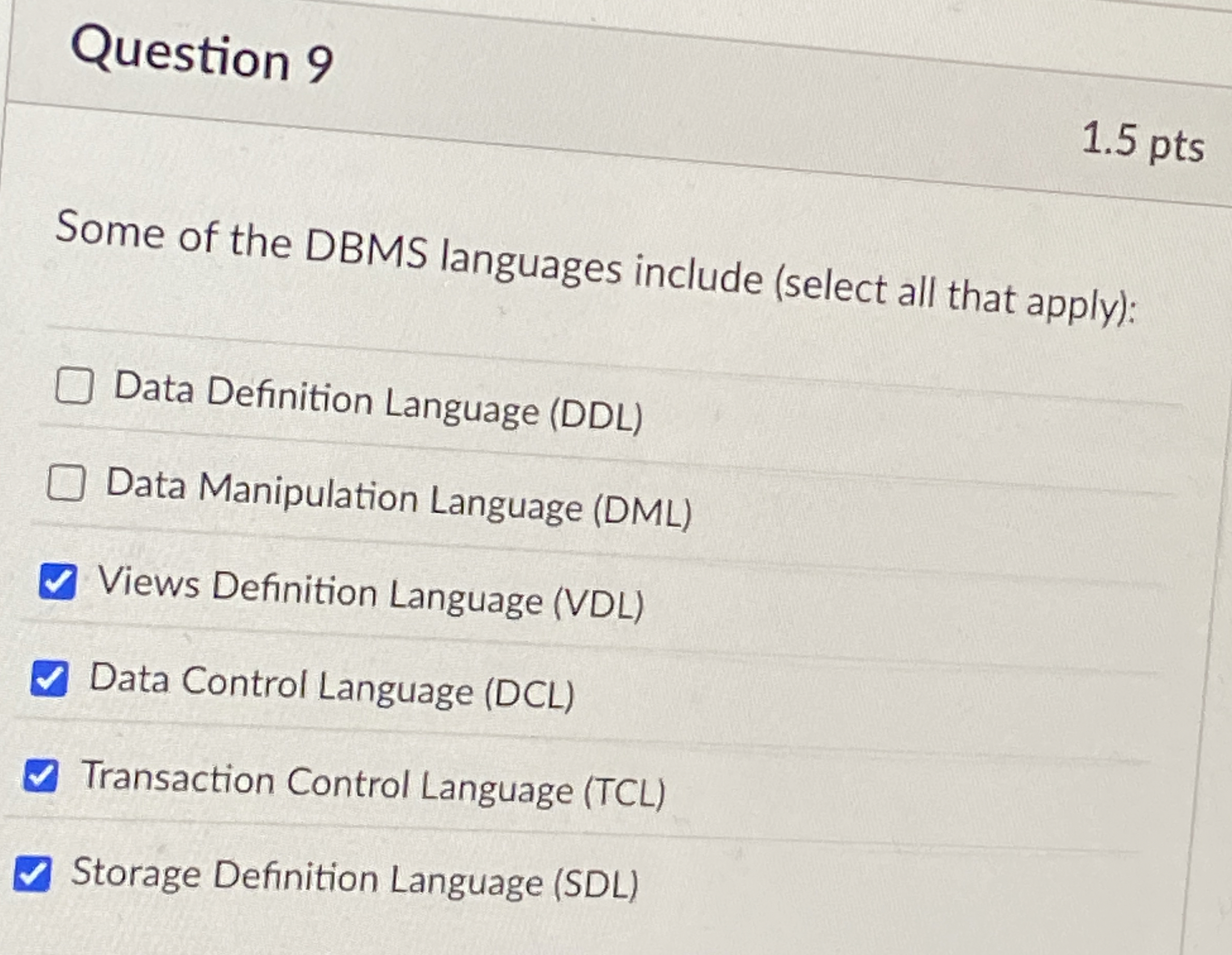 Solved Question 91.5 ﻿ptsSome of the DBMS languages include | Chegg.com