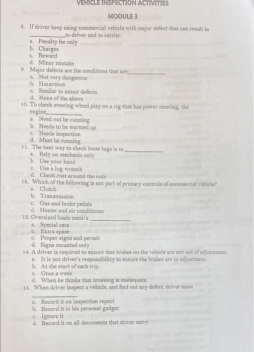 Solved VEHICLE INSPECTION ACTIVITIES MODULE 3 8. If driver | Chegg.com