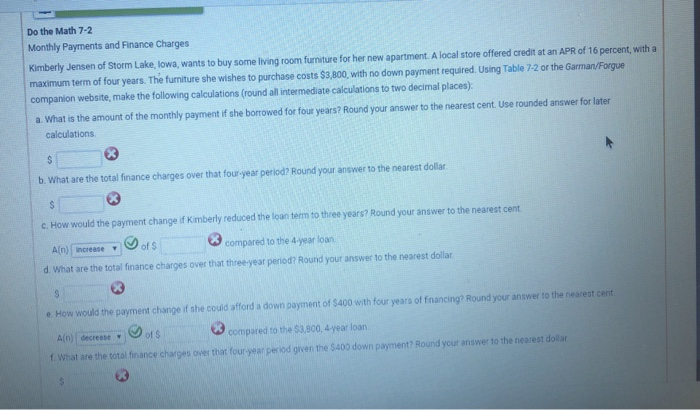 Solved Do the Math 7-2 Monthly Payments and Finance Charges | Chegg.com