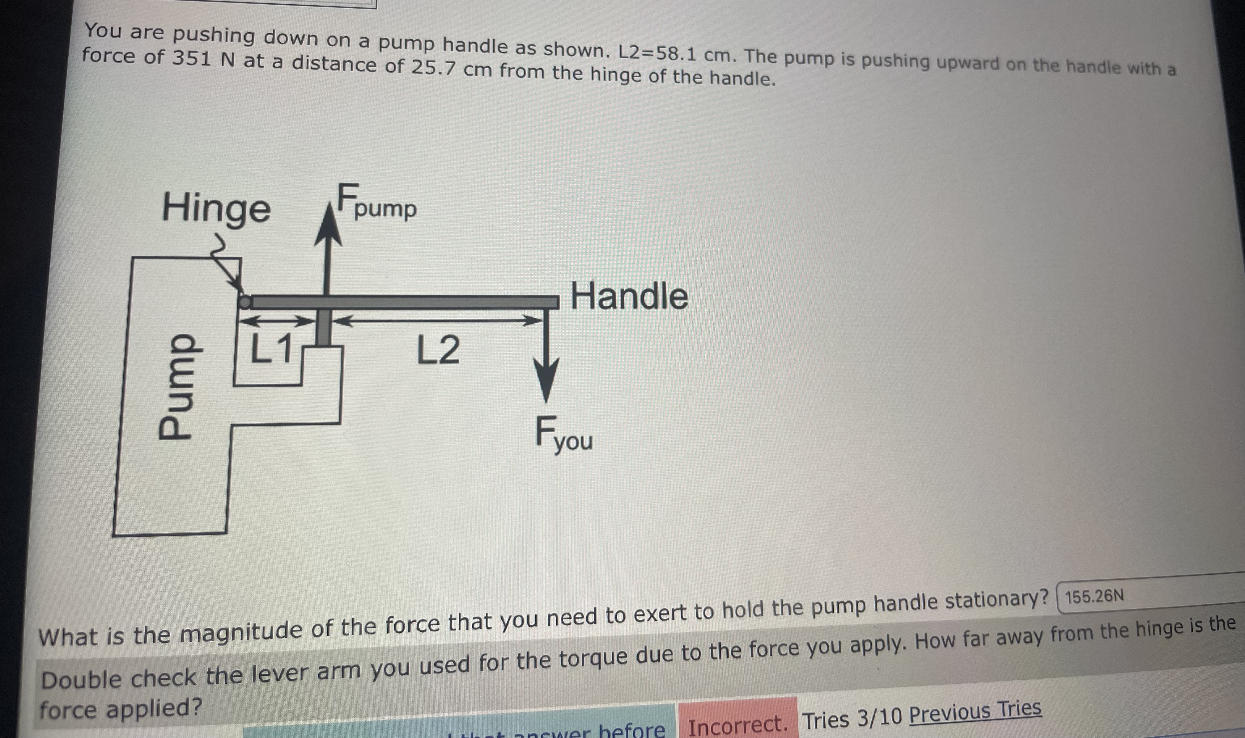 Solved You are pushing down on ﻿a pump handle as ﻿shown. | Chegg.com
