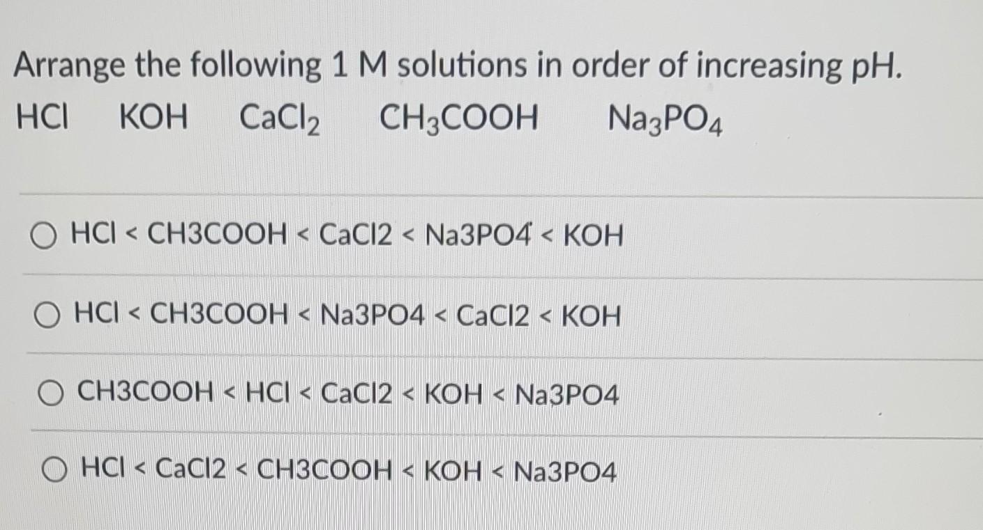 Solved Arrange the following 1M solutions in order of | Chegg.com