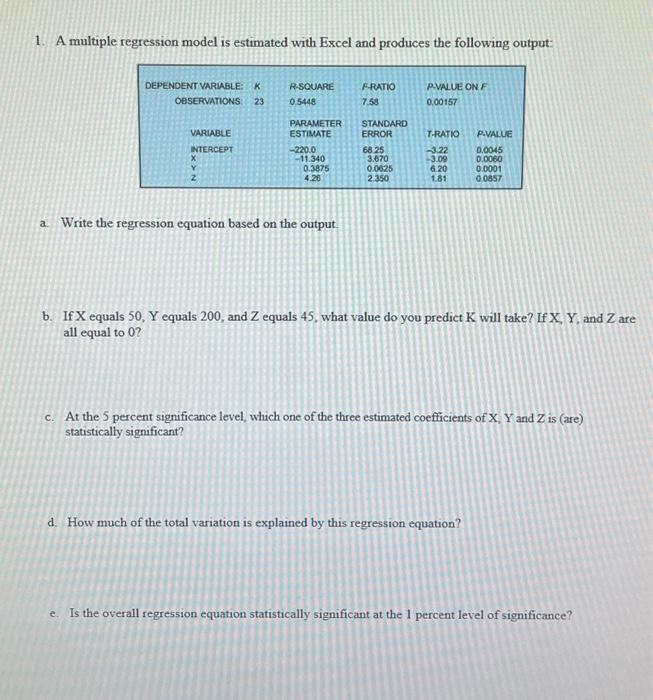 Solved 1. A multiple regression model is estimated with | Chegg.com