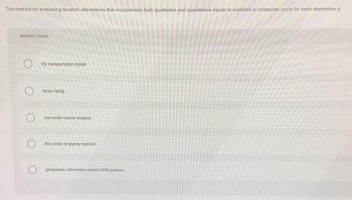 Solved The method for evaluating location alrematives that | Chegg.com