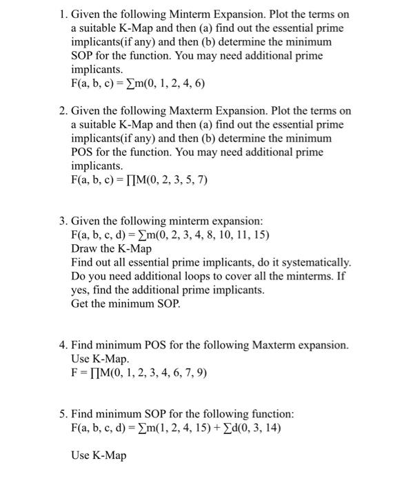 Solved 1. Given the following Minterm Expansion. Plot the | Chegg.com