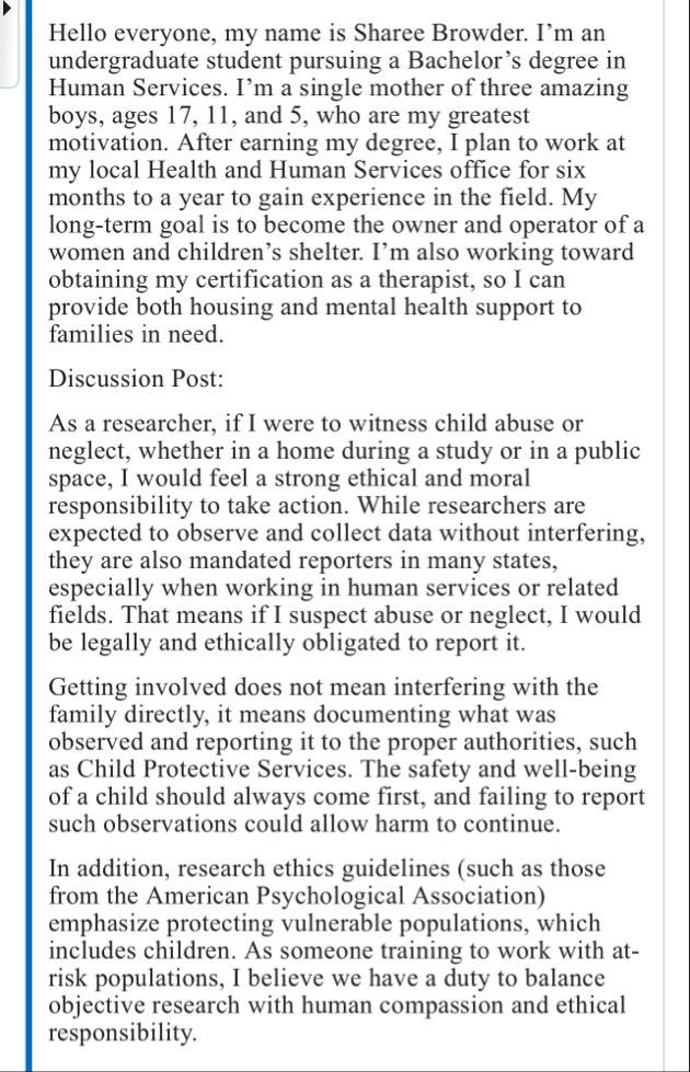 Solved Hello everyone, my name is Sharee Browder. I'm an | Chegg.com