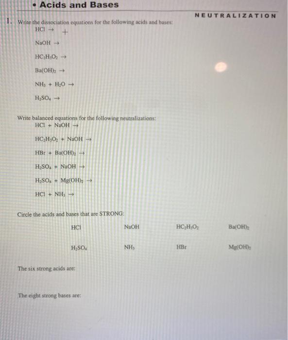 Solved • Acids and Bases NEUTRALIZATION 1. Write the | Chegg.com