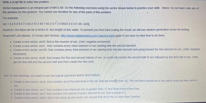 Solved Write a script file to solve this problem Vector | Chegg.com