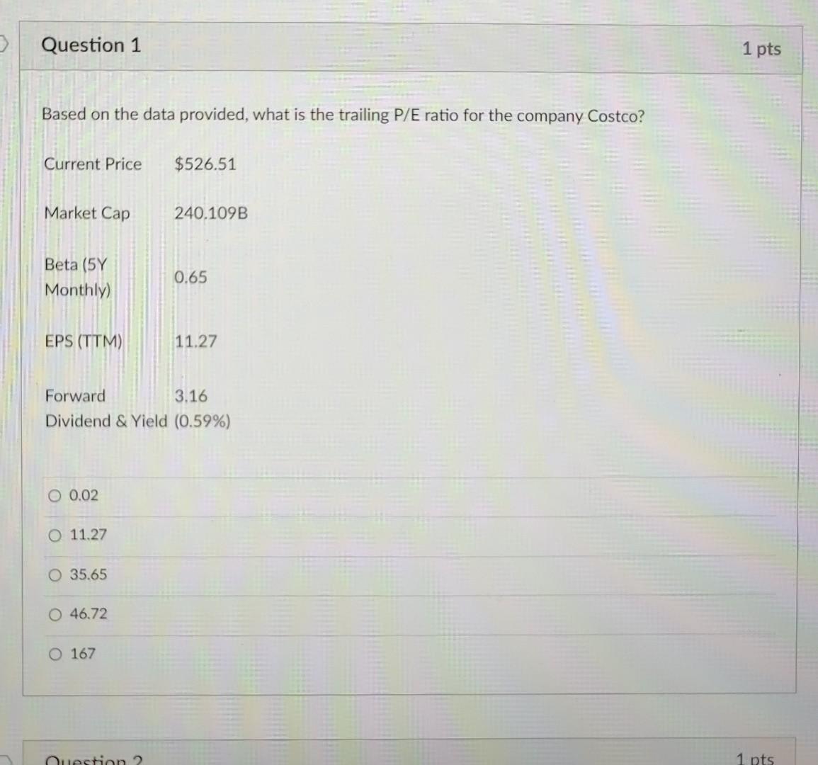 Solved Based on the data provided, what is the trailing P/E | Chegg.com