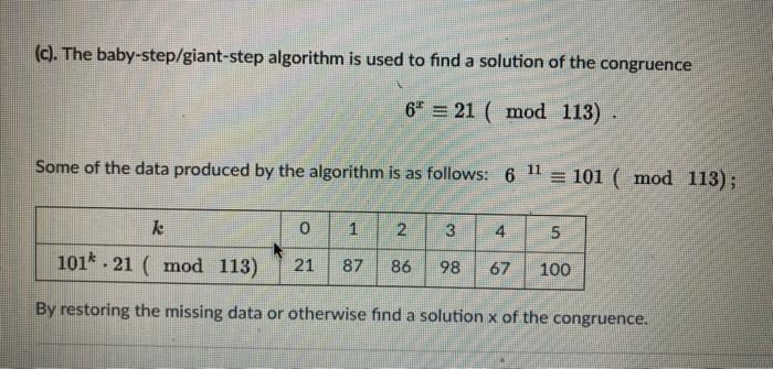 Solved (c). The baby-step/giant-step algorithm is used to | Chegg.com