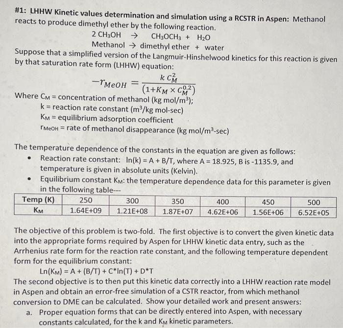 Solved \#1: LHHW Kinetic values determination and simulation | Chegg.com