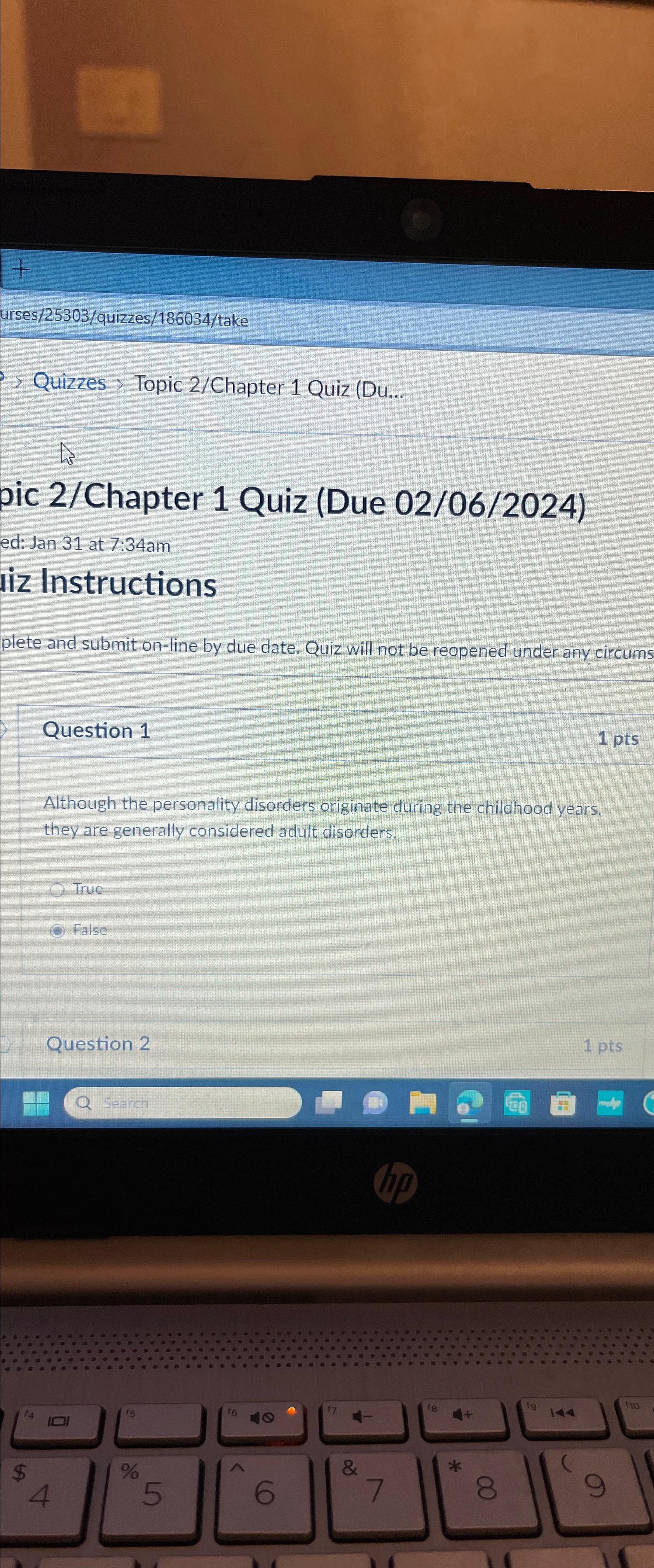 Solved Quizzes > ﻿Topic 2/Chapter 1 ﻿Quiz (Du...pic | Chegg.com