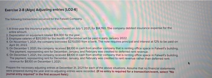 Solved Exercise 2-8 (Algo) Adjusting entries [LO2-6) The | Chegg.com