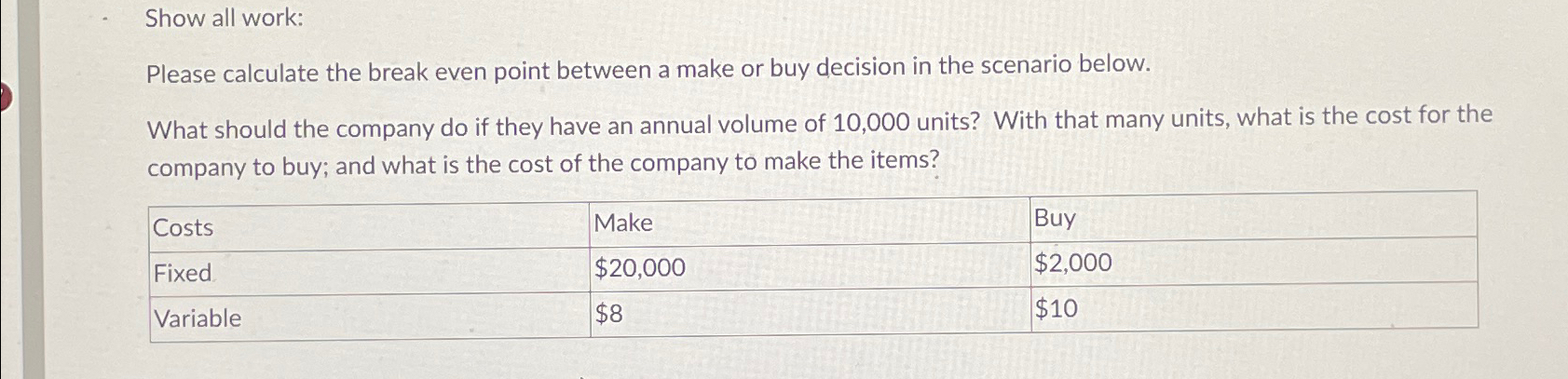 Solved Show all work:Please calculate the break even point | Chegg.com