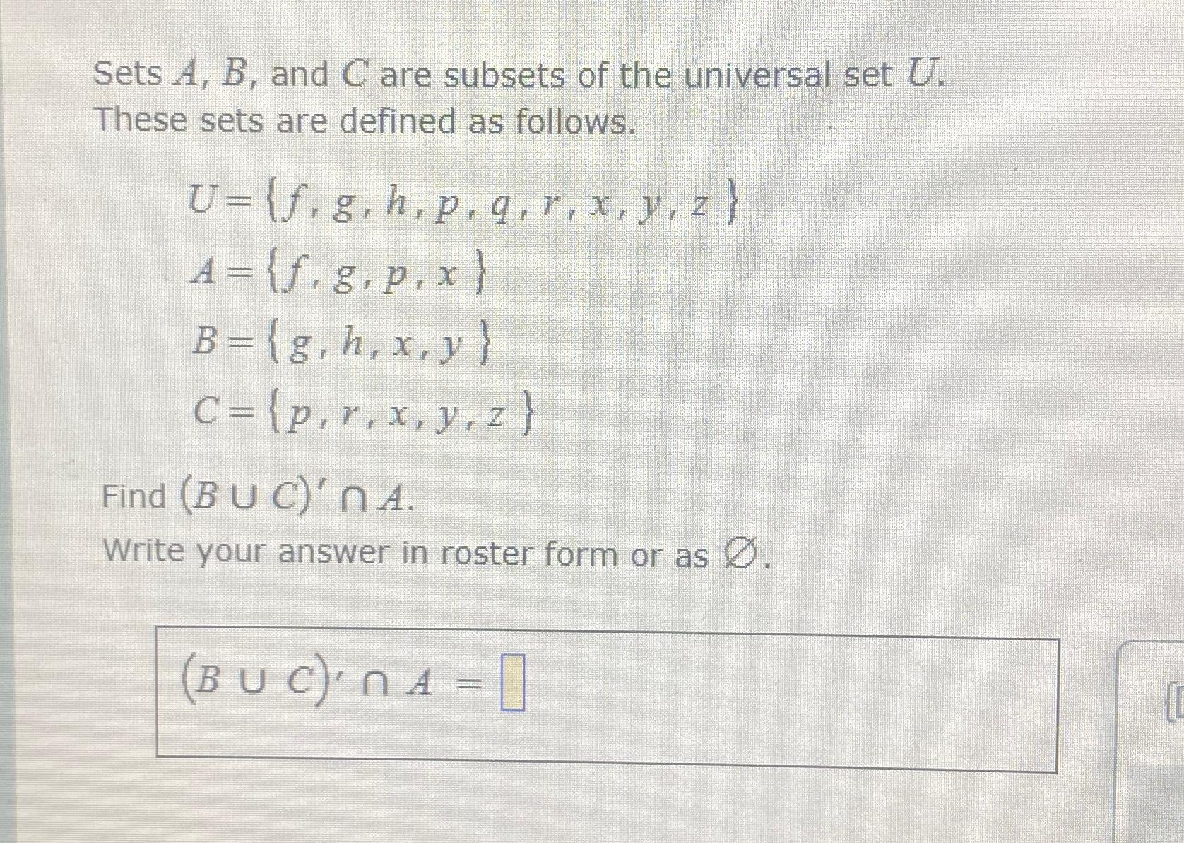 Solved Sets A,B, ﻿and C ﻿are subsets of the universal set U. | Chegg.com