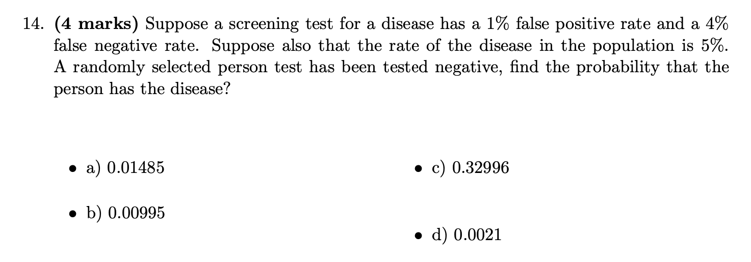 Solved (4 ﻿marks) ﻿Suppose a screening test for a disease | Chegg.com