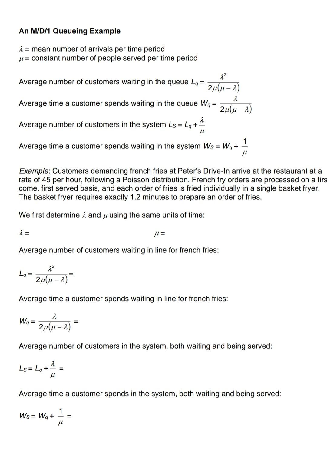 Solved An M/D/1 Queueing Example 1 = mean number of arrivals | Chegg.com