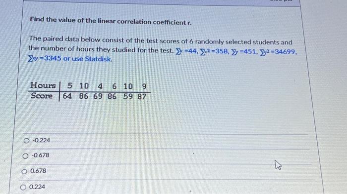 Solved Find the value of the linear correlation coefficient | Chegg.com