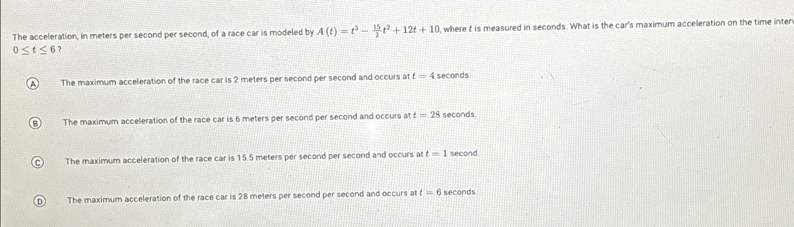 Solved The acceleration, in meters per second per second, of | Chegg.com