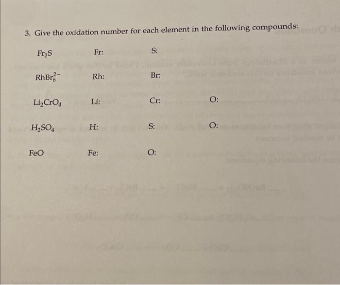 Solved 3. Give the oxidation number for each element in the | Chegg.com