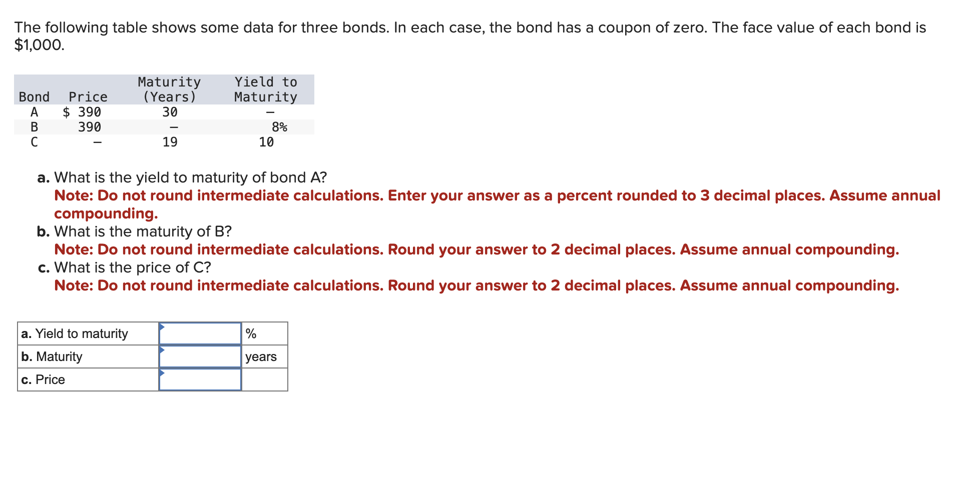 Solved The following table shows some data for three bonds. | Chegg.com